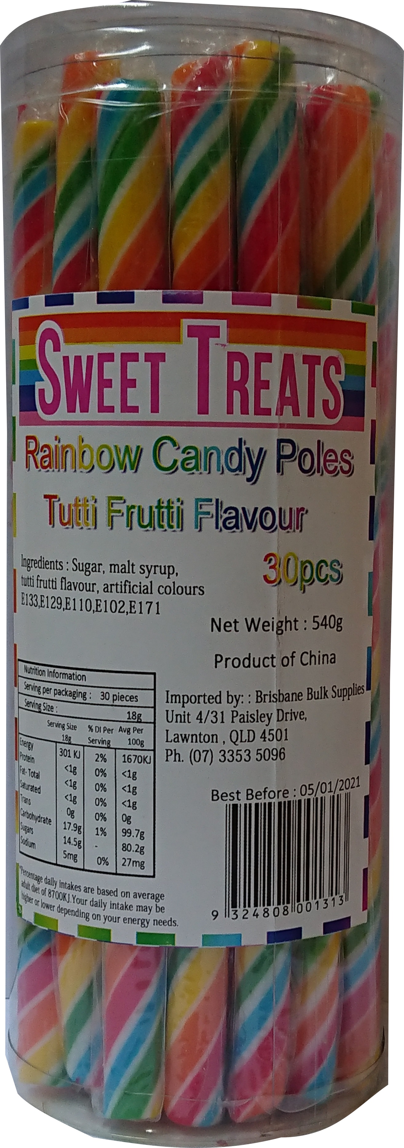 Buy Candy Poles Rainbow Tutti Frutti 30 Pcs Online | Lolly Warehouse